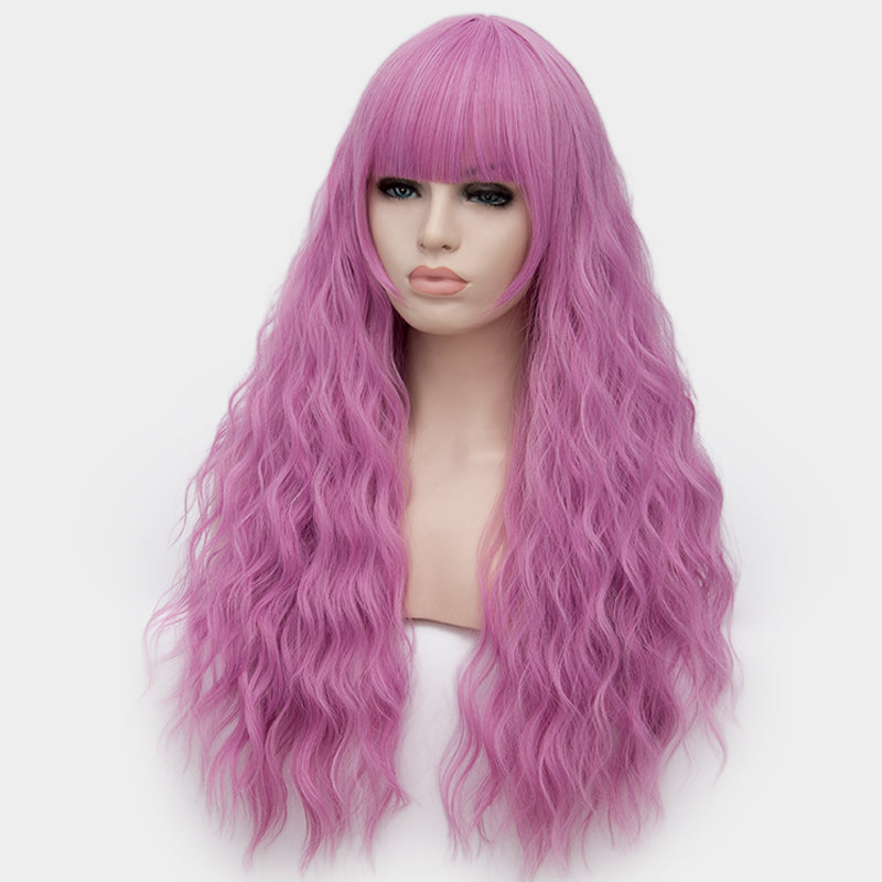 Warm pink long curly wig with full fringe by Shiny Way Wigs Adelaide