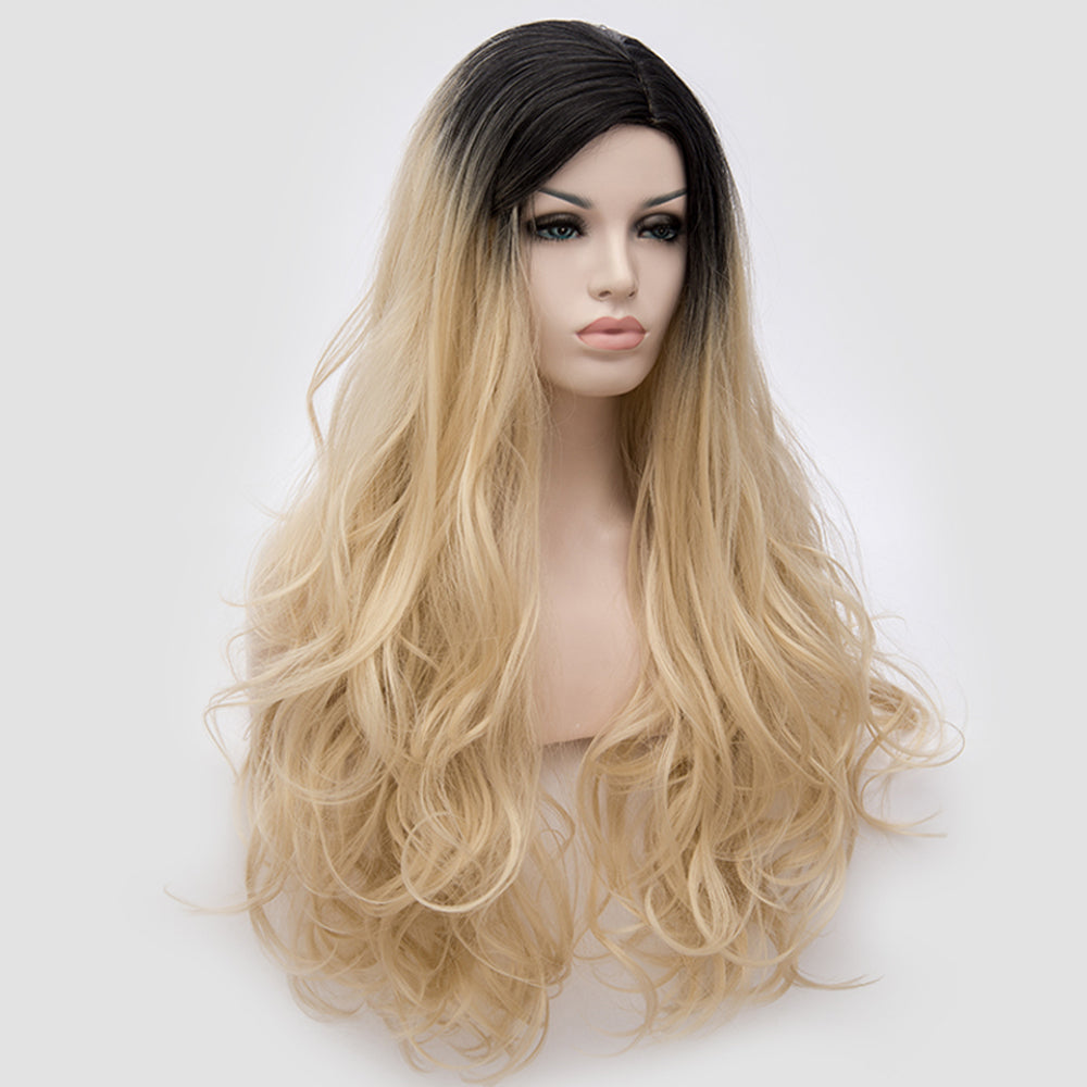 Dark roots natural blonde long curly wig by Shiny Way Wigs Adelaide SA